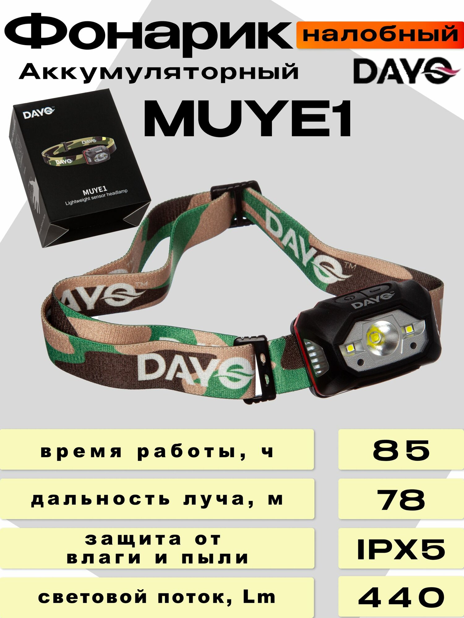 Фонарь налобный Dayo Muye 1 для кемпинга, туризма, рыбалки, бега, спорта