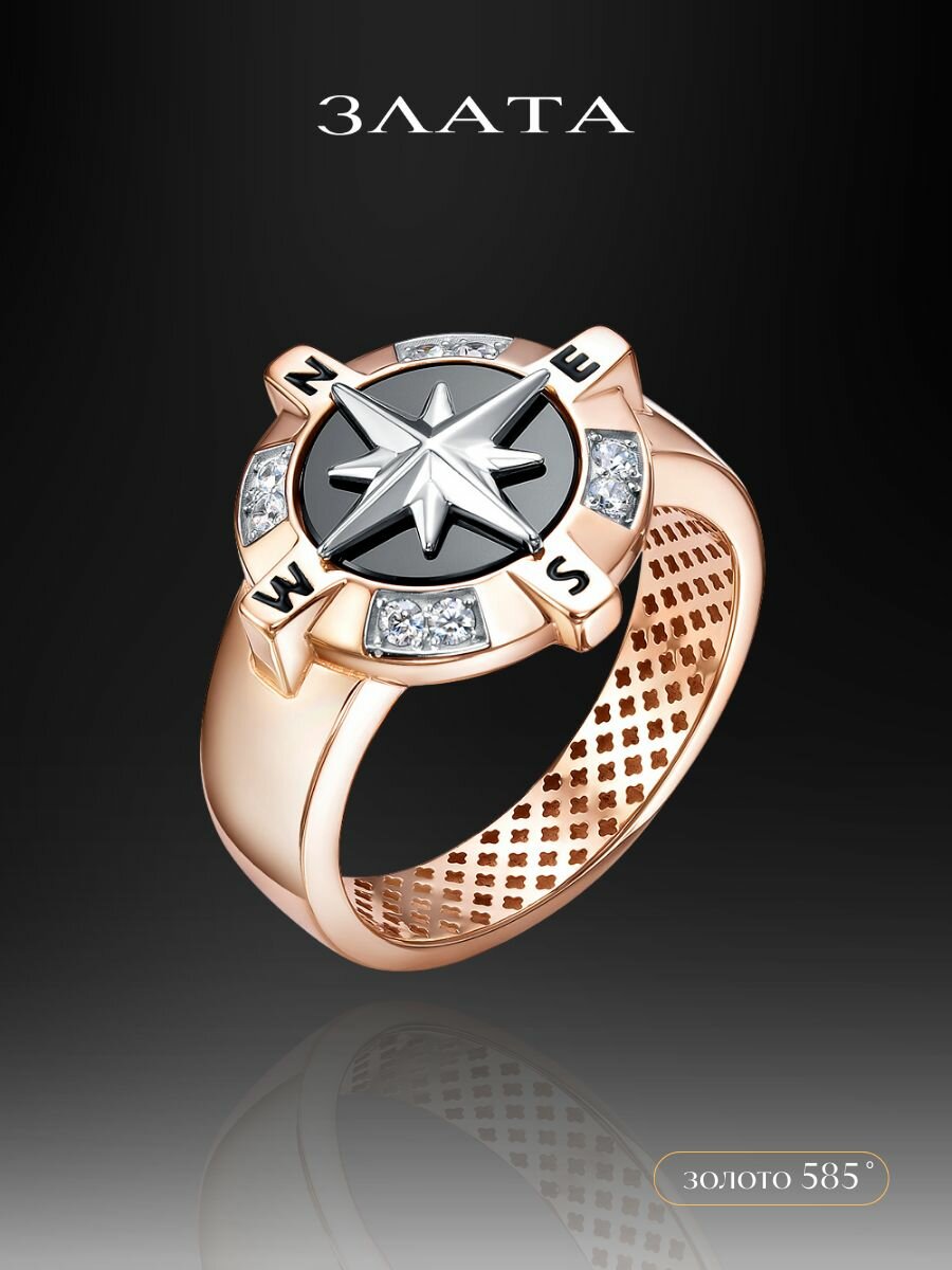 Печатка, красное золото, 585 проба, фианит, эмаль, оникс