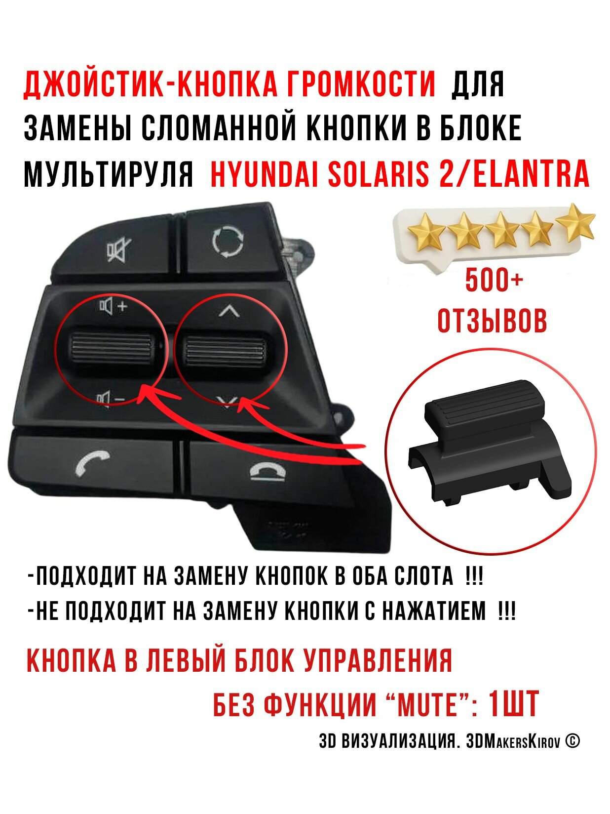 Джойстик-кнопка громкости мультимедии руля Solaris 2/Elantra. На левый блок (без нажатия на центр)