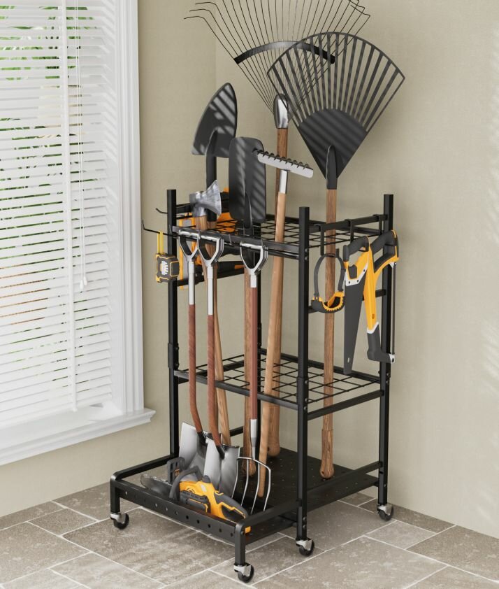 Металлическая стойка для хранения садовых инструментов, 4-уровневая, с крючками и держателями, для дома и дачи