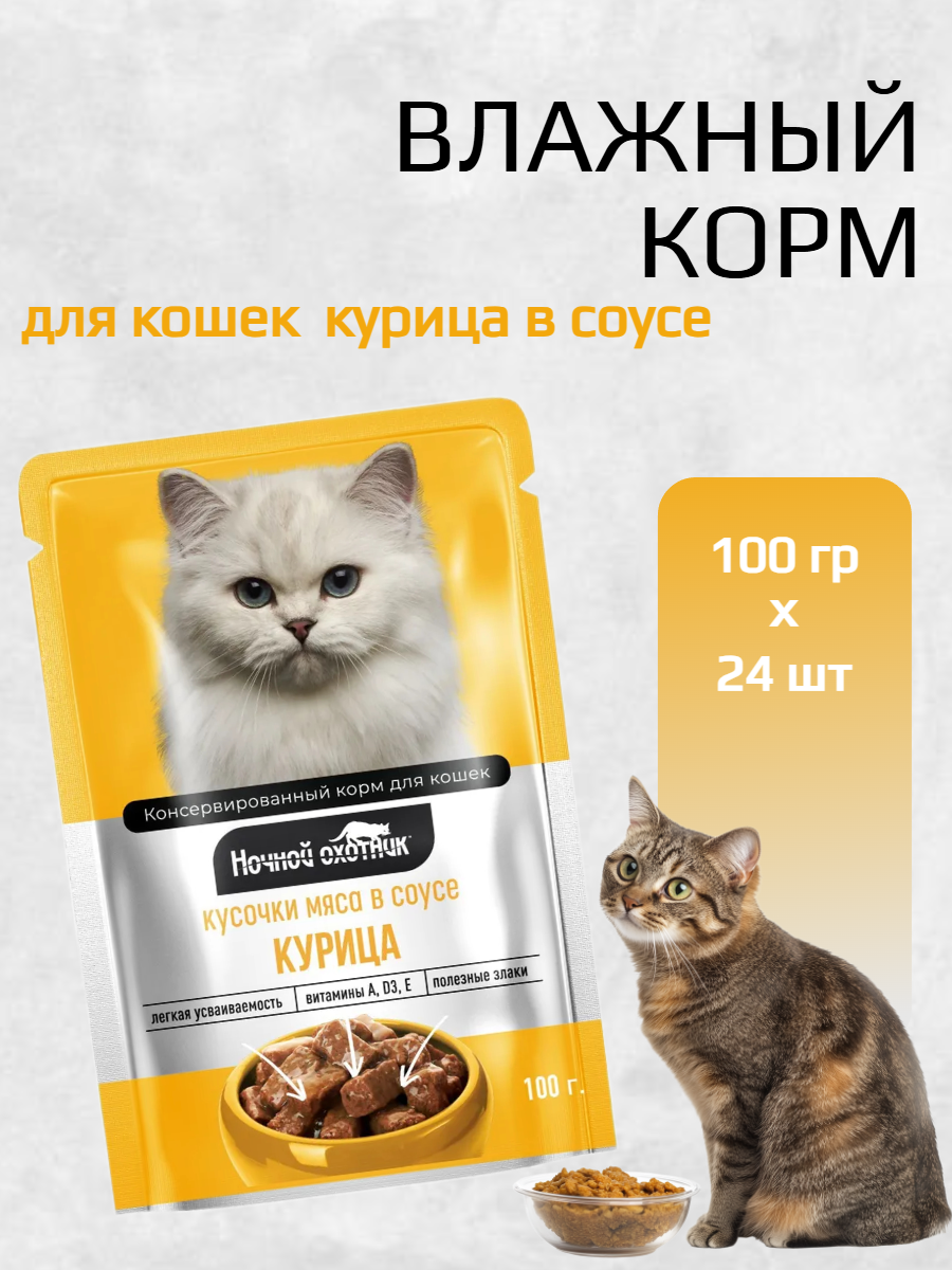 Ночной охотник для кошек с курицей в соусе 100 гр х 24 шт