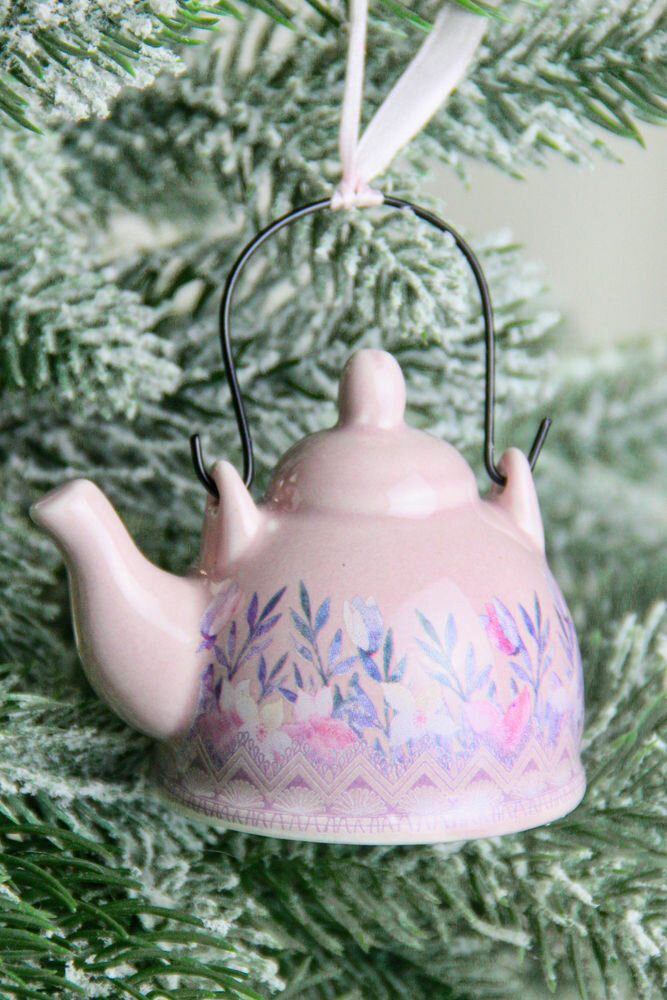 Ёлочная игрушка чайничек 'вкус лета' с цветами, фарфор, светло-лавандовый, 6 см, Kurts Adler F2075-1