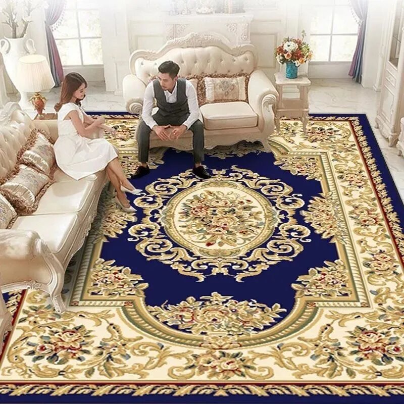Ковер прямоугольный 200x300 см, классический узор, синий с бежевым орнаментом, для гостиной