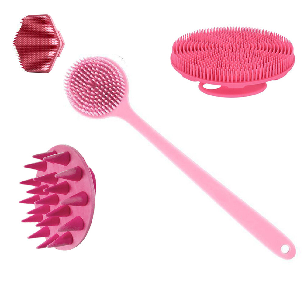 Набор из четырех предметов для умывания лица, мытья волос и тела: силиконовая щетка для ванны, очищающее средство для лица, щетка для тела и массажер с длинной ручкой.