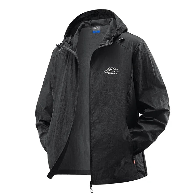 Мужская солнцезащитная куртка UPF 50+ — легкая уличная ветровка с капюшоном, дышащая и быстросохнущая для пеших прогулок, бега