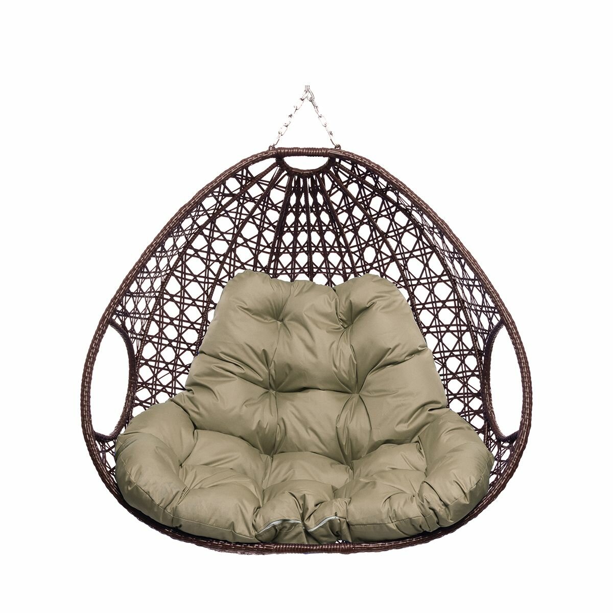 Подвесное кресло для двоих люкс (без стойки), с ротангом коричневое, бежевая подушка