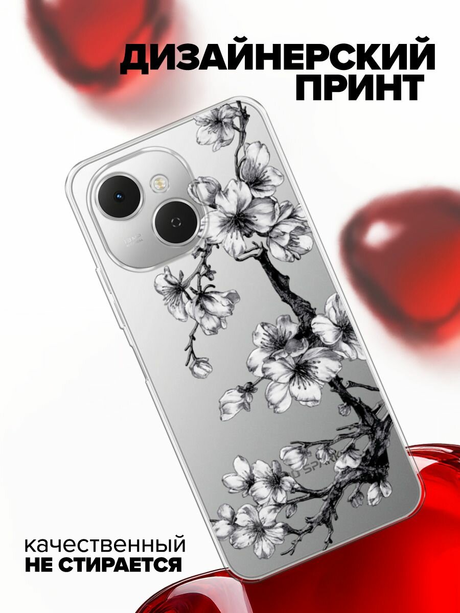 Силиконовый чехол на Tecno Spark 40C / Текно Спарк 40C с принтом Ветка сакуры серая — фото 1