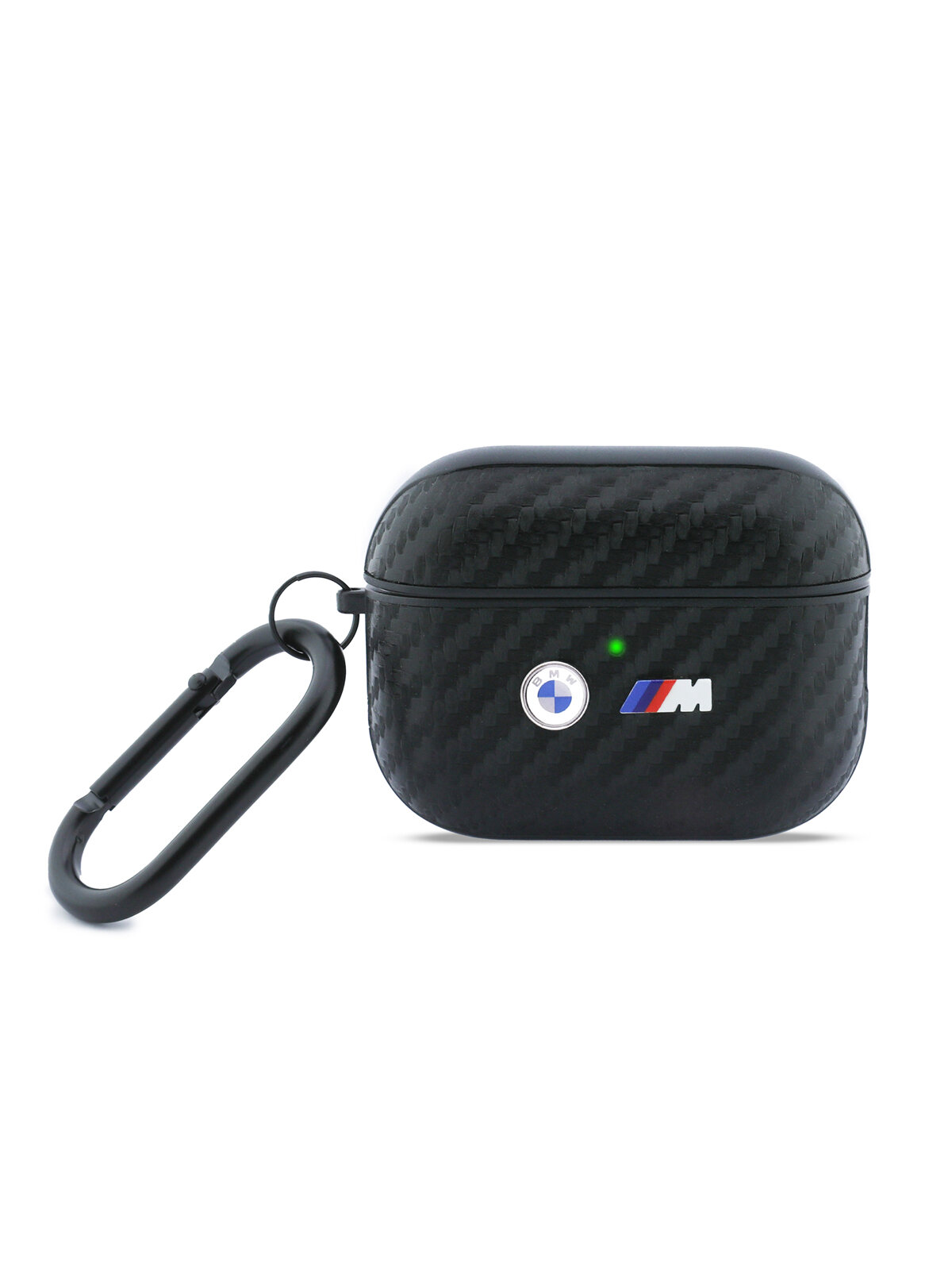 Чехол BMW для Airpods Pro 3, из экокожи PU carbon с металлическим карабином, черный