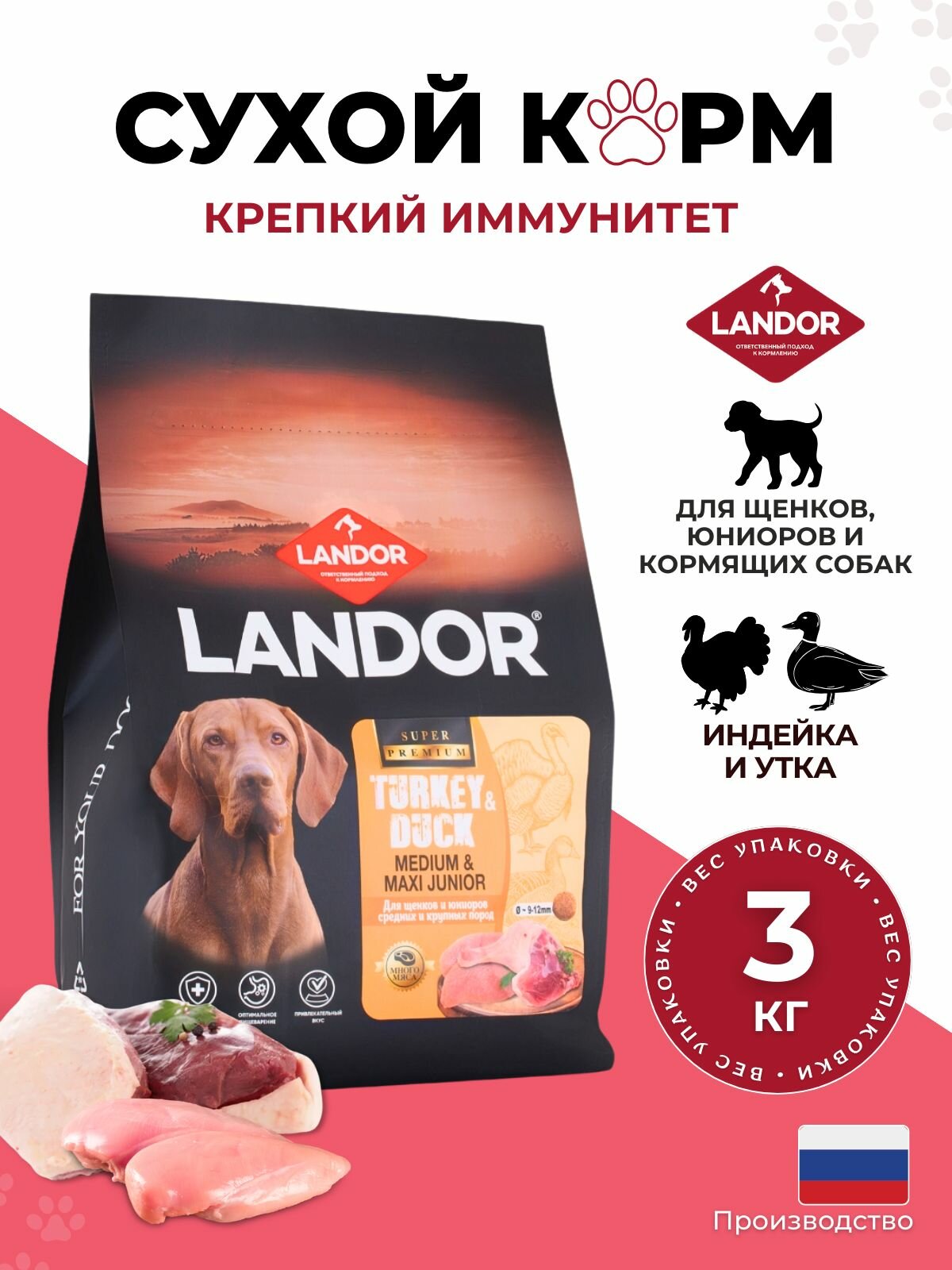 LANDOR Полнорационный сухой корм для щенков, юниоров и кормящих собак с индейкой и уткой (без курицы), 3кг
