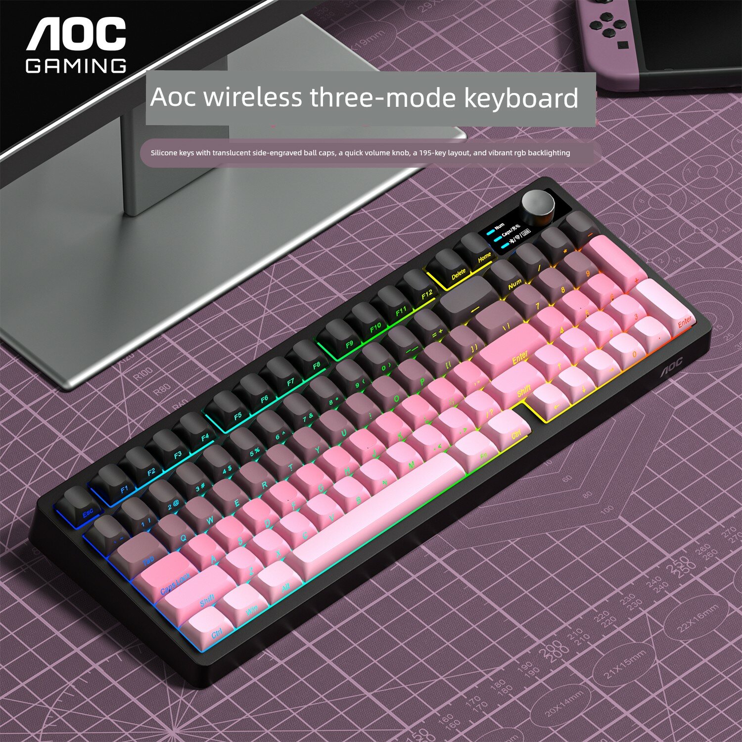AOC GK220 беспроводная три-модельная 95-клавишная клавиатура с RGB-подсветкой - Ягодно-розовый