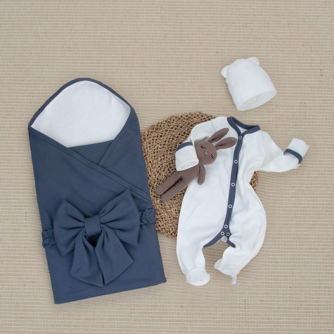 Комплект на выписку 4 предмета "Капучино. Плед", лето, деним