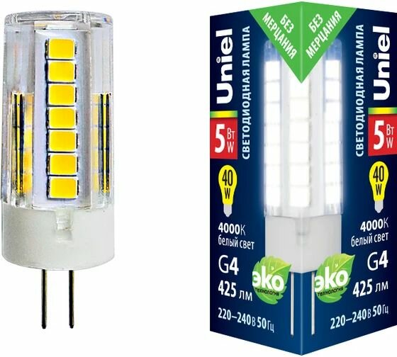 Светодиодная лампа Uniel LED-JC-220/5W/4000K/G4/CL GLZ09TR прозрачная