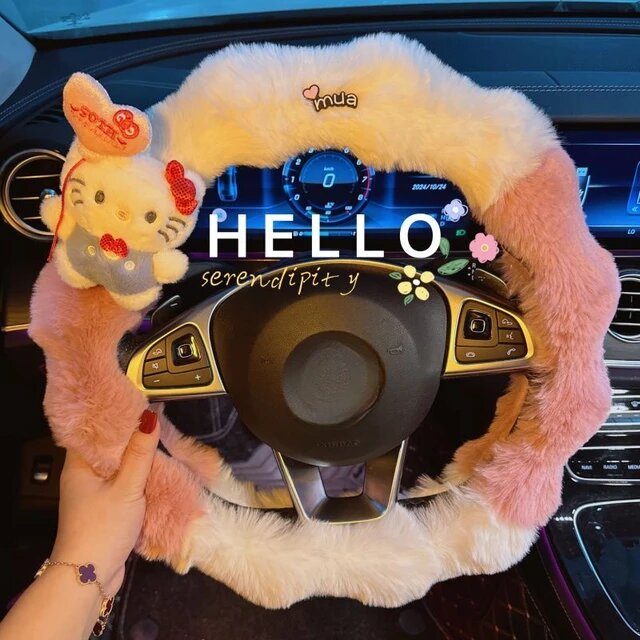 Чехол на руль автомобиля Hello Kitty в стиле аниме, плюшевый нескользящий чехол Sanrio Pochacco, симпатичное украшение для машины, подарок для девочки