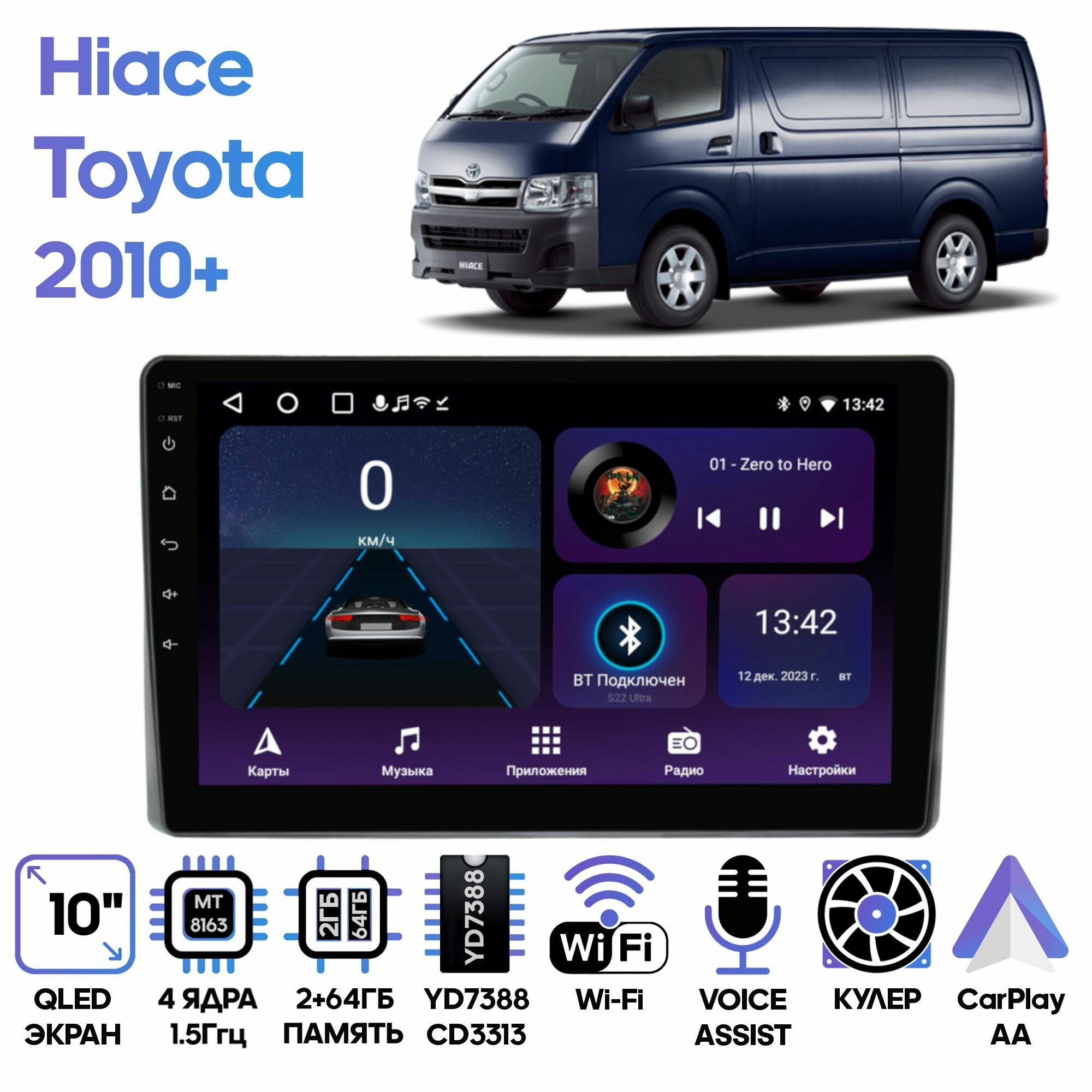 Магнитола Toyota Hiace 2010+ (правый руль, широкий кузов авто) / 10 дюймов, 2/64GB, 4 ядра, Wi-Fi, Android 9 / Wide Media