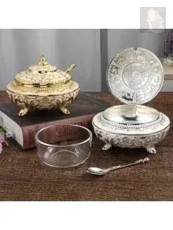 Сахарница 3 шт. Металлическая сахарница с ложкой в комплекте, 3 предмета, белый цвет. Роскошный дизайн для сервировки стола — фото 1