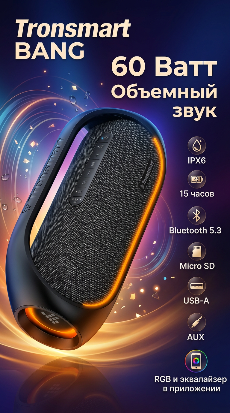 Tronsmart BANG 60Вт Портативная беспроводная колонка, RGB-подсветка, мощные басы, Гарантия 6 мес