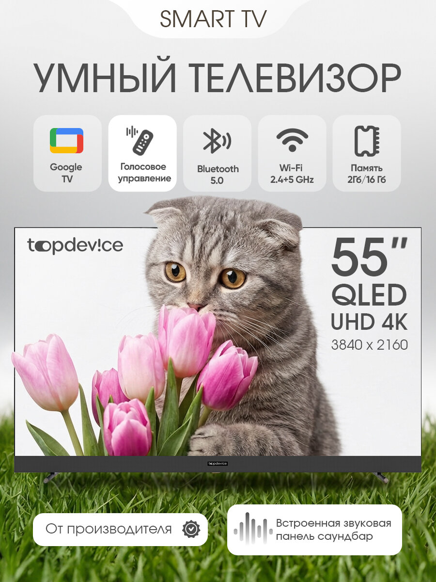 Телевизор Topdevice с ультратонкими рамками диагональ 55" (TDTV55DQ08U_BK), QLED DQ08 c Google TV, 4K UHD , черный