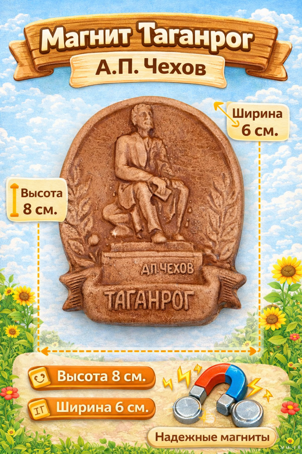 Магнит Таганрог А. П. Чехов керамика, коричневый, 80х60х5 мм. 1 шт.