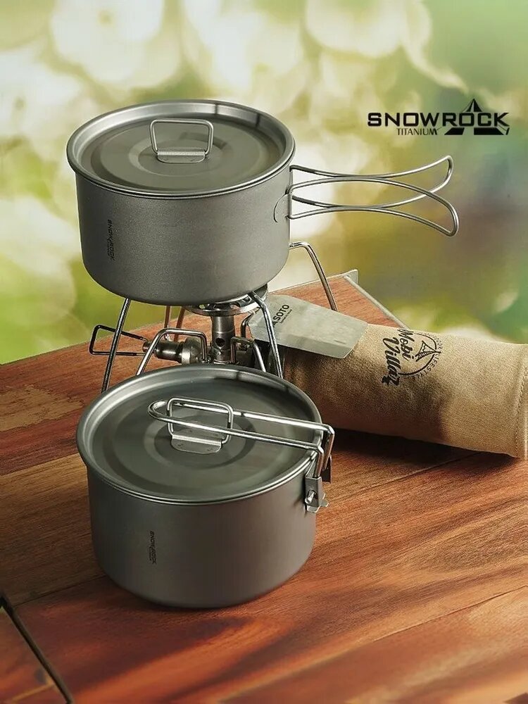 Титанoвый котелок Snow Rock 1100 мл с крышкой и чехлом для хранения, серый металлик, для 3 человек — фото 1