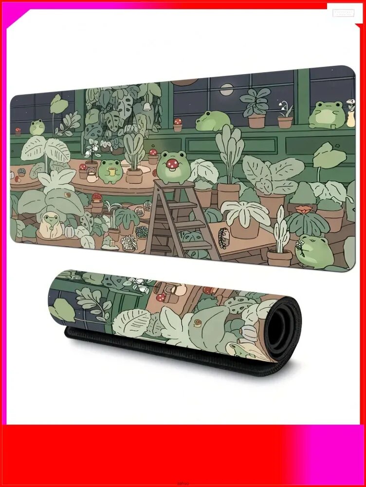 Коврик для мышки с рисунком лягушек, 60x30 см, белый, для игр, прошитые края — фото 1