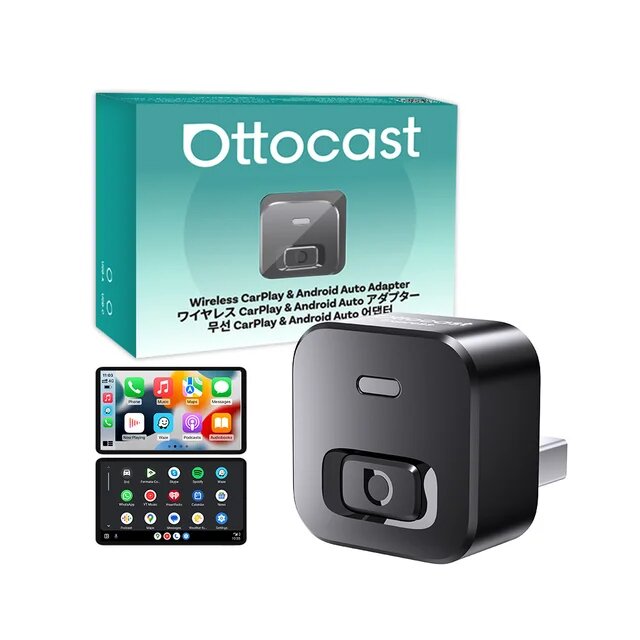 Ottocast Play2Video Pro AI Box — беспроводной автомобильный адаптер для Android с поддержкой CarPlay, встроенными приложениями YouTube, Netflix и IPTV, а также проводным подключением CarPlay.