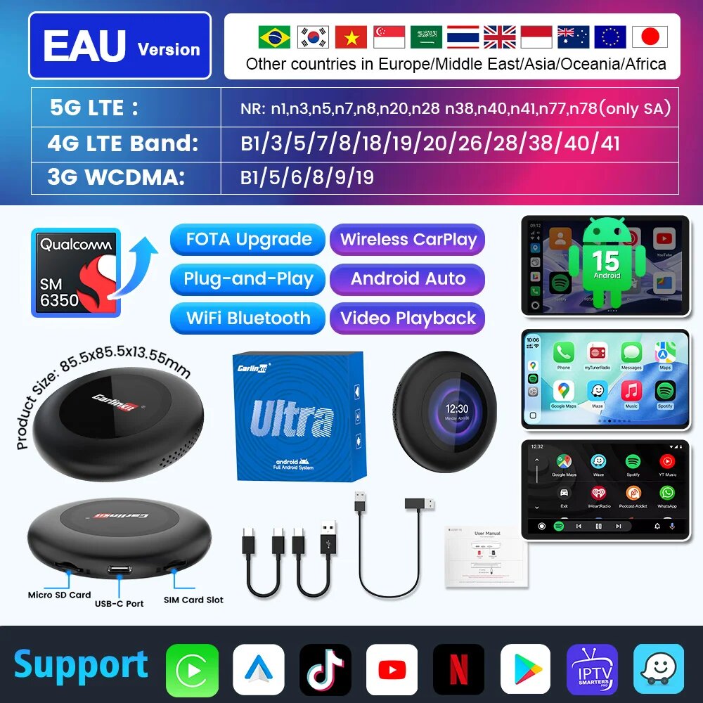 2026 Carlinkit Android 15 Беспроводной CarPlay Android Auto AI Box Видеоадаптер с Android 15 EAU