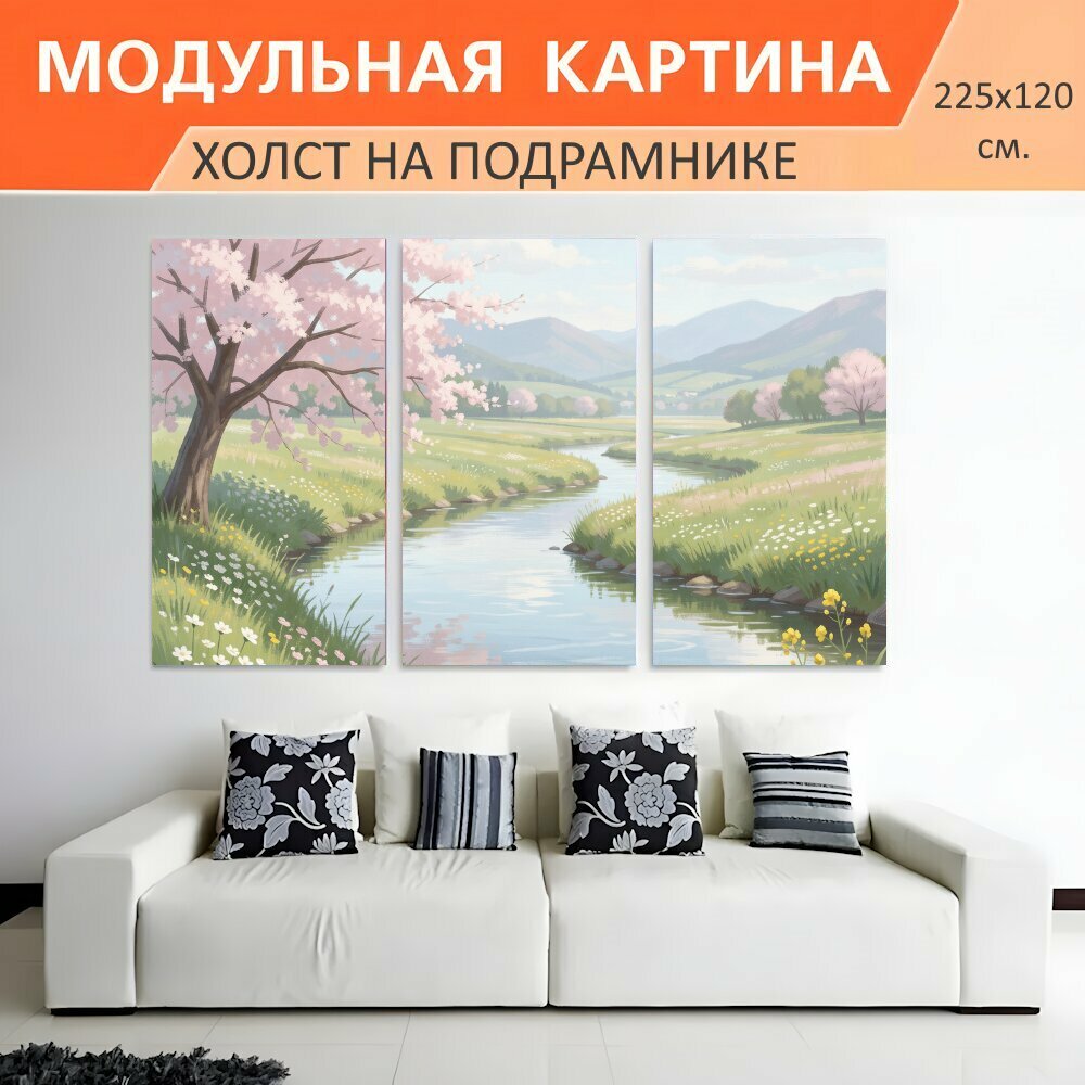 Модульная картина на холсте "Весенний пейзаж с рекой и сакурой. Нежная иллюстрация с цветущими деревьями, извилистой водой, луговыми." триптих на подрамнике 225х120 см. для интерьера