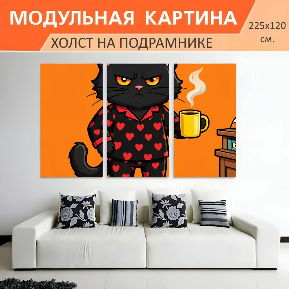 Модульная картина на холсте "Суровый чёрный кот с короной. Стильный мультяшный образ сердитого кота в золотой диадеме, полосатой." триптих на подрамнике 225х120 см. для интерьера