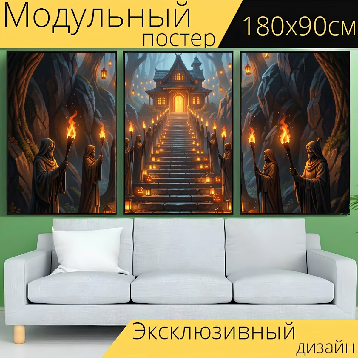 Модульный постер "Тёмный лес с огнями и фонарями. Мистическая ночная сцена в густом лесу: каменная лестница к светящемуся дому." 180 x 90 см. для интерьера на стену в тубусе