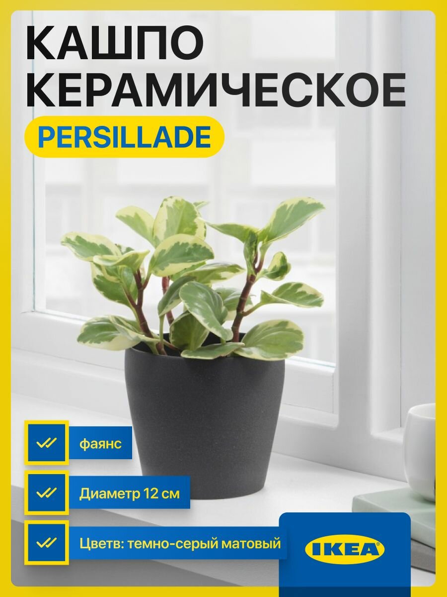 Кашпо PERSILLADE керамическое 12 см, темно-серый матовый, фаянс, для комнатных растений, для интерьера и офиса, минимализм