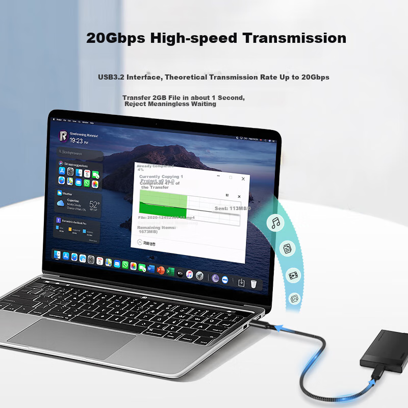 Кабель Yeren Type-C 20G 8K Thunderbolt 3 USB3.2 для ПК, телефона, SSD и жестких дисков с PD100W быстрой зарядкой 3 м