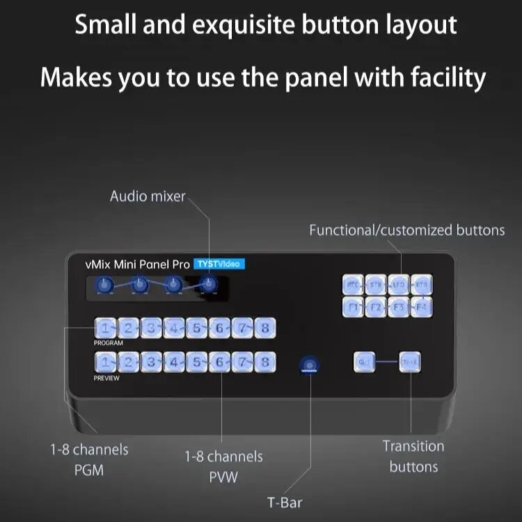 Видеомикшер TYST Vmix Mini Pro с панелью управления BDM, MIDI2.0, функцией записи видео и опциональным интерфейсом Tally — фото 1