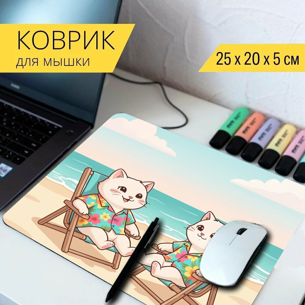 Коврик для мыши с принтом "Два котенка на пляже. Милые пушистые зверьки в ярких тропических рубашках отдыхают у моря на песке, на фоне мягких облаков и бирюзовых волн." 25x20см.