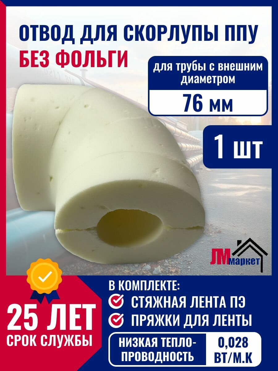 Утеплитель для труб, без фольги, скорлупа ППУ, отвод 90 гр. для трубы с внешним диаметром 76 мм.
