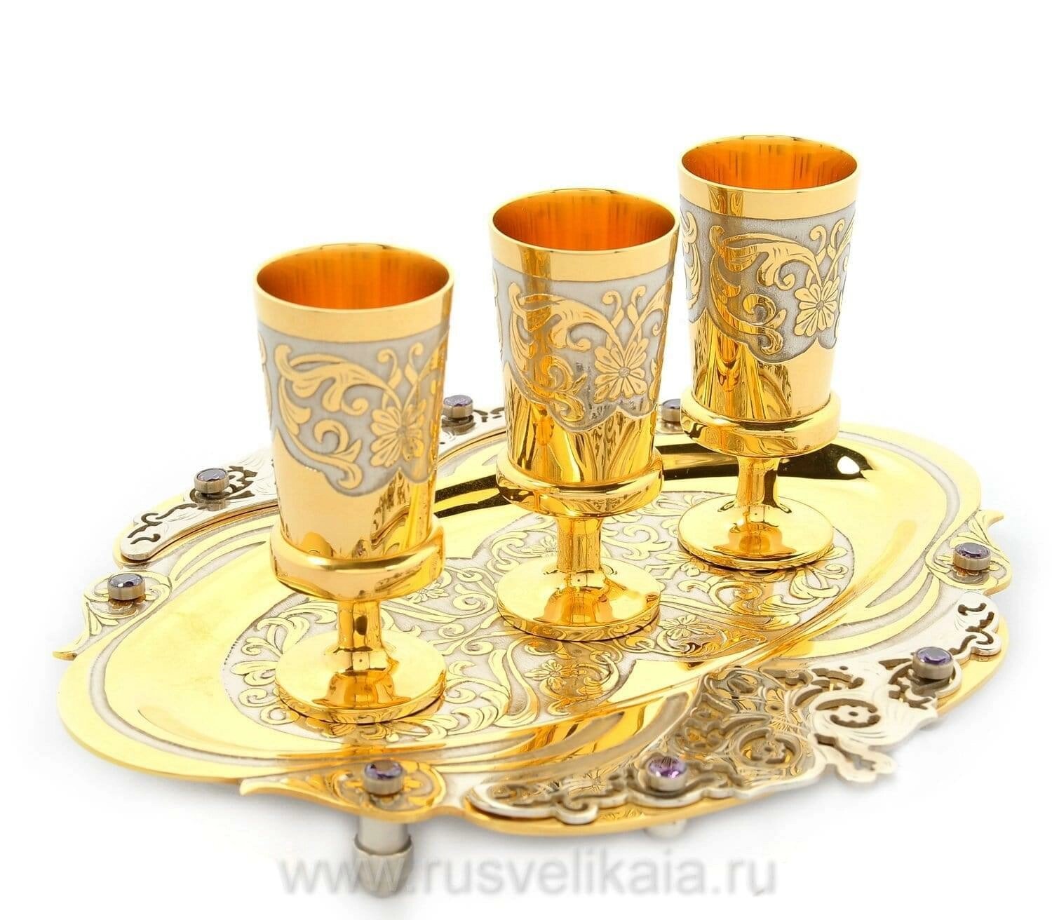 25669/ЗОФ Златоуст набор водочный "трио"3 стопки + поднос (в пенале) 00048