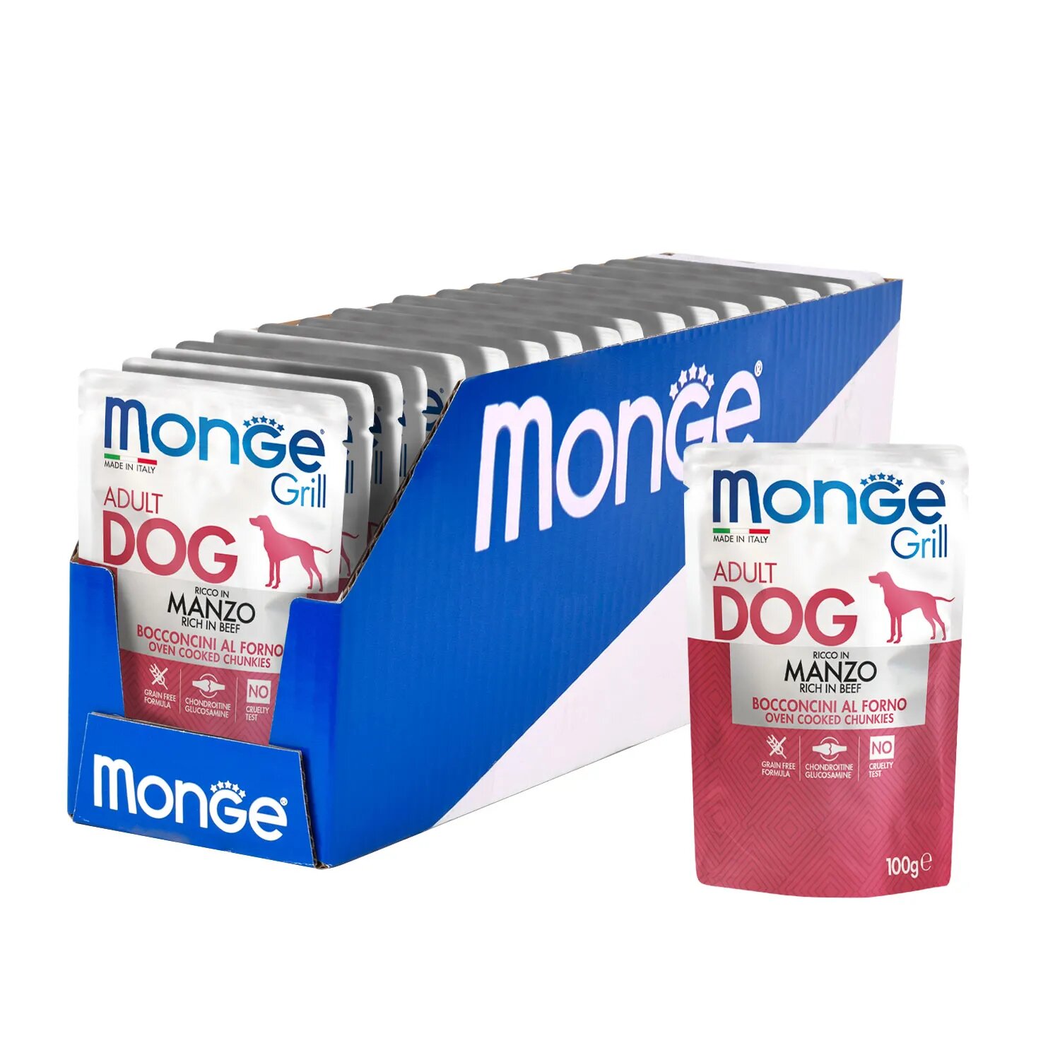 Влажный корм для собак Monge Dog Grill с говядиной, кусочки в соусе, паучи, 12 шт х 100 гр