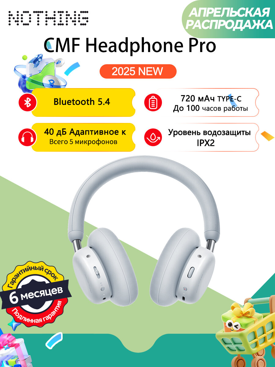 Наушники Nothing CMF Headphone Pro, 720mAh,40dB ANC, BT5.4, Светло-серый
