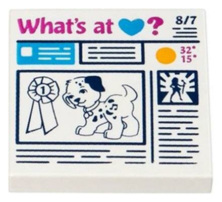 Деталь Lego 3068pb0933 Tile 2 x 2 with Prize Ribbon, Dog and 'What's at Heart?' Newspaper Pattern