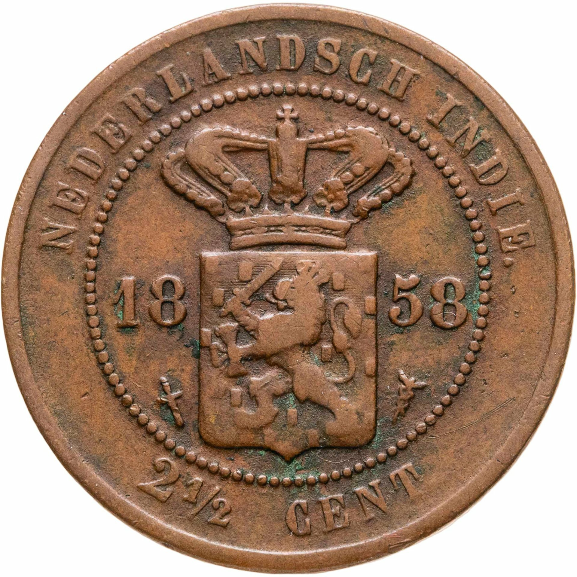 Голландская Ост-Индия 2 1/2 цента cent 1858, Медь, в сохранности VF
