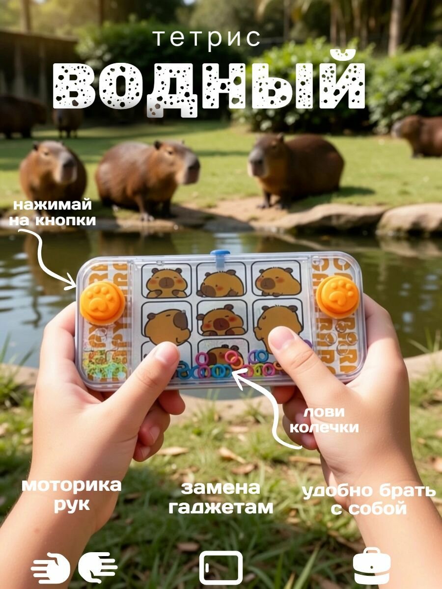Антистресс-игрушка/ Водный тетрис с колечками Капибара/ Водная игра "Поймай кольца"