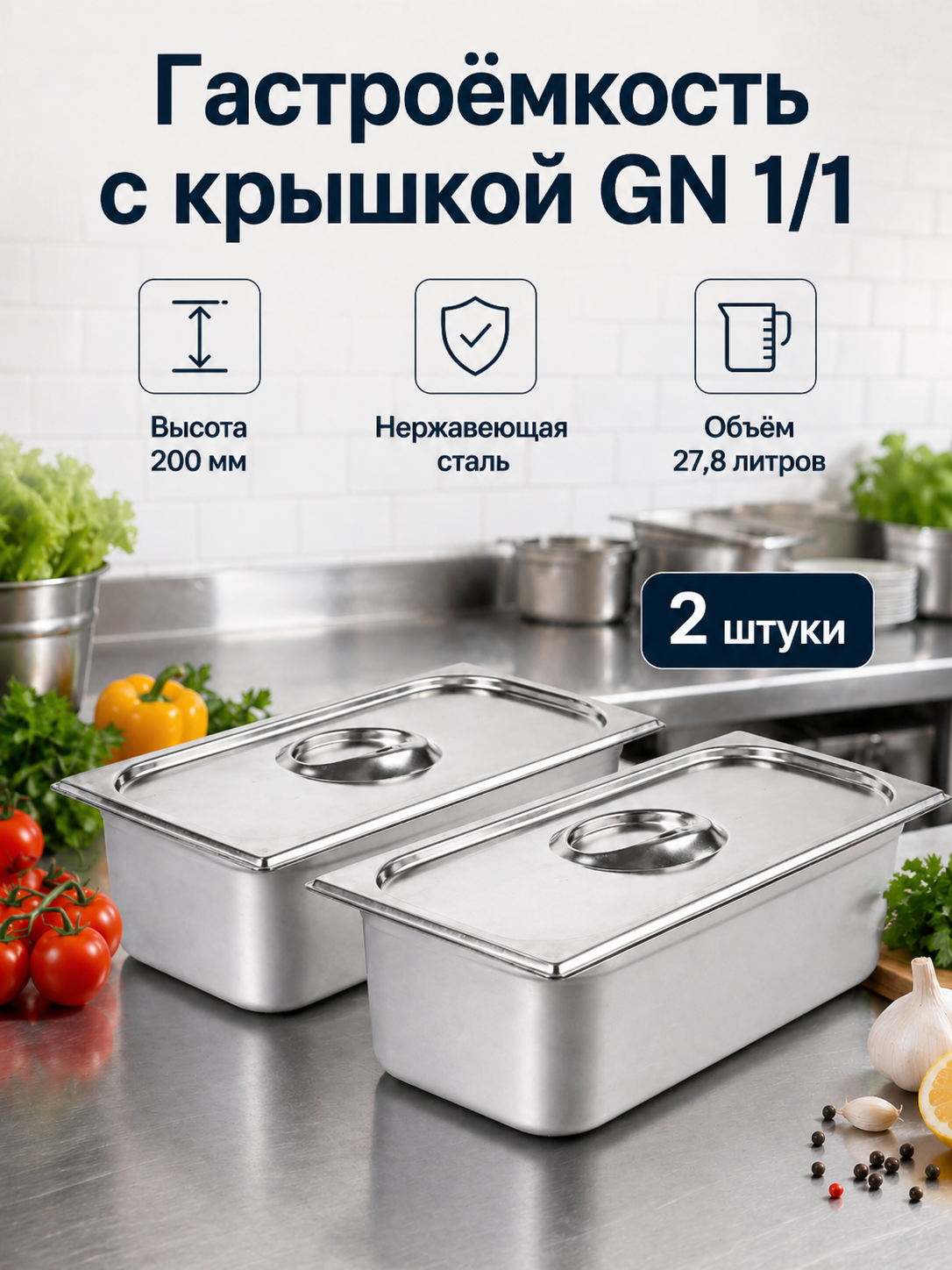 Гастроемкость GN 1/1-200 мм с крышкой, набор 2 шт, нерж. сталь