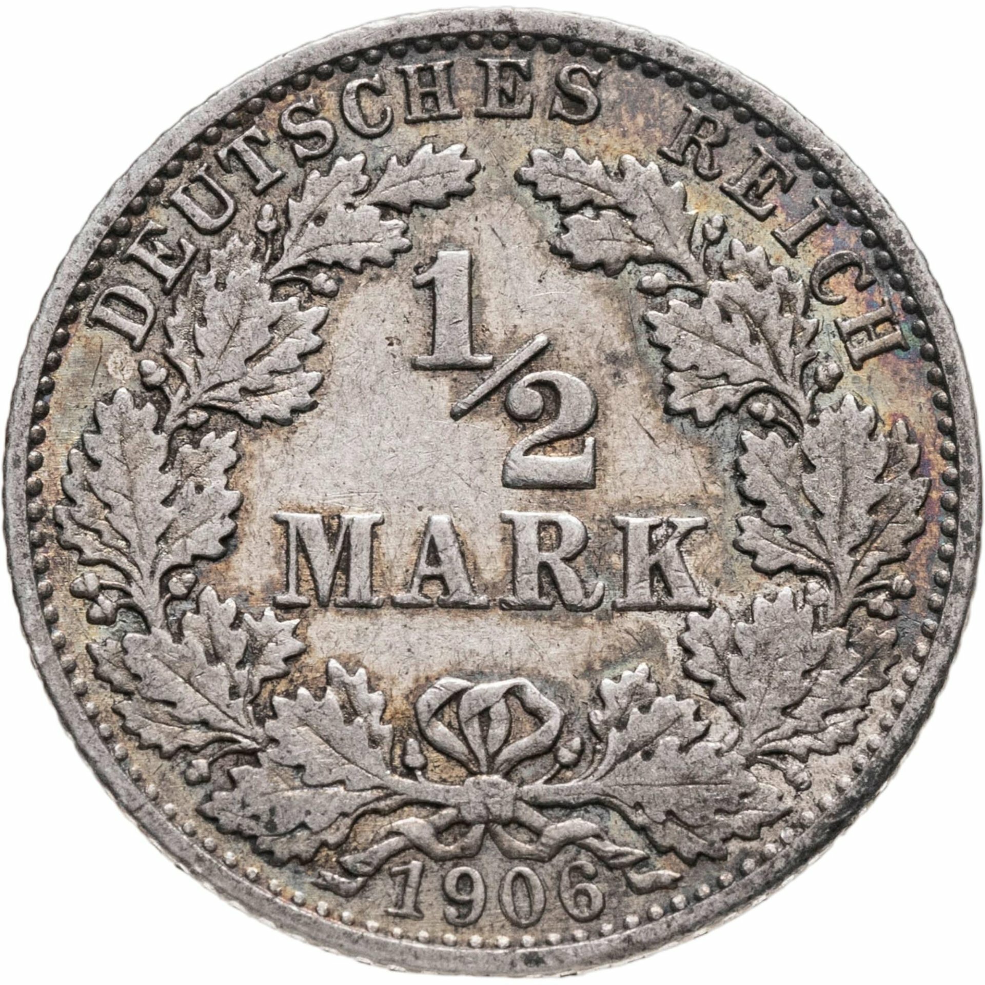 Германия 1/2 марки 1906, знак монетного двора: "G" - Карлсруэ, Серебро 900, в сохранности VF