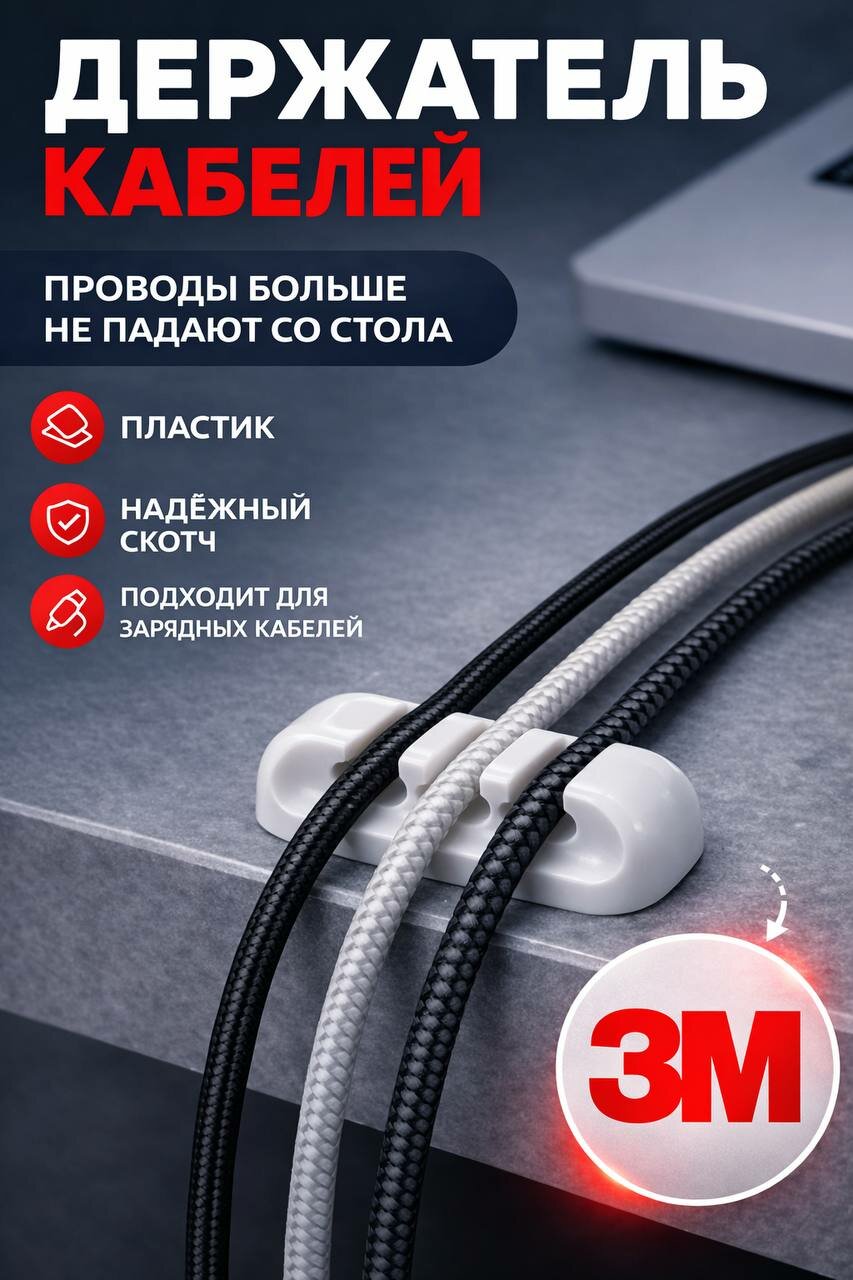 Органайзер держатель для проводов на стол 3 слота, держатель кабелей USB и зарядок, кабель-менеджер с клейкой основой 3M, фиксатор проводов для дома, офиса и автомобиля