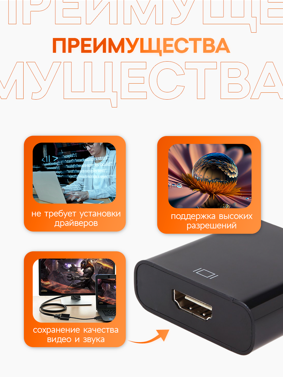 Переходник адаптер DisplayPort - HDMI для монитора, цвет - черный