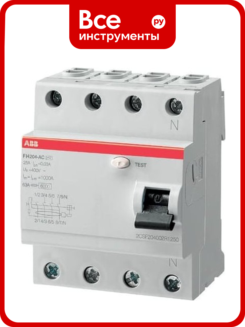Выключатель дифференциального тока ABB 4 модуля FH204 AC-25/0,3 2CSF204003R3250, модуль DIN, защита IP20, рабочий