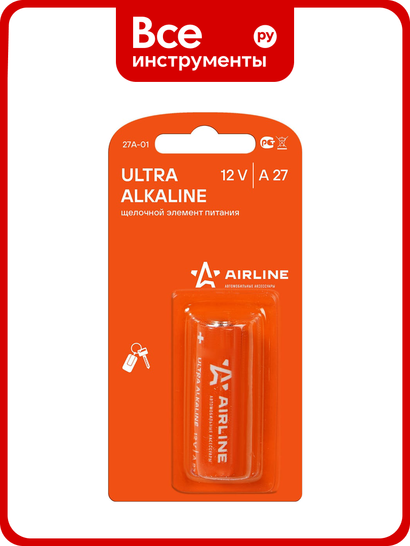 Батарейка Airline A27, 12V, щелочная, тип LR, для брелоков сигнализаций, автомобильных охранных систем, ресурс
