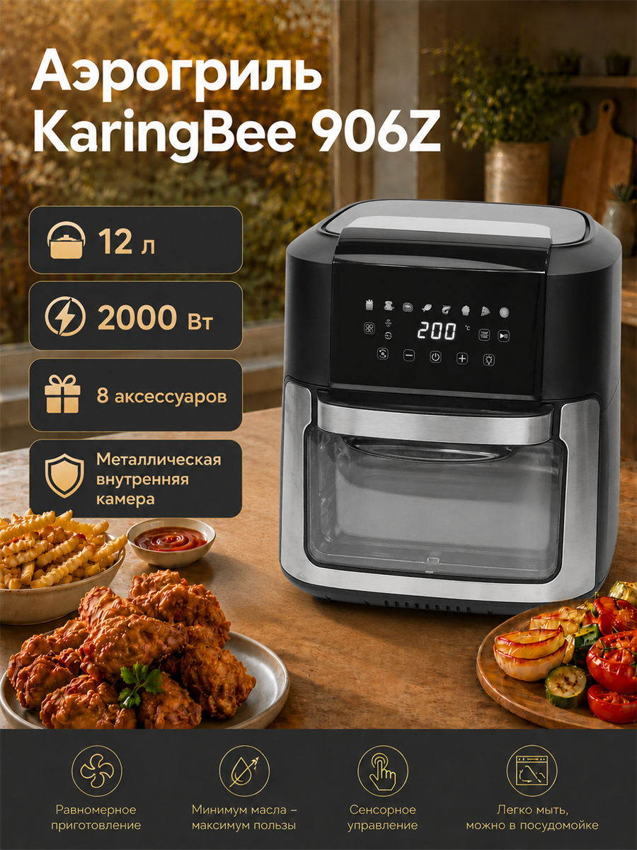 Аэрогриль KaringBee 906Z, Мощность 2000 Вт, Объём чаши 12 л ,8 аксессуаров, Металлическая внутренняя камера, с таймером