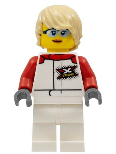 Минифигурка Lego cty1111 Female, White and Red Jumpsuit with 'XTREME' Logo, Tan Tousled Hair, Sunglasses and Closed Mouth Grin