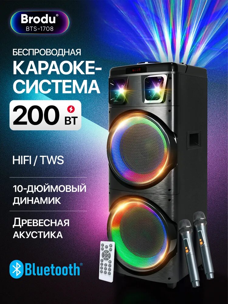 Brodu, Колонка блютуз беспроводная музыкальная большая караоке с 2 микрофонами bluetooth мощная напольная.