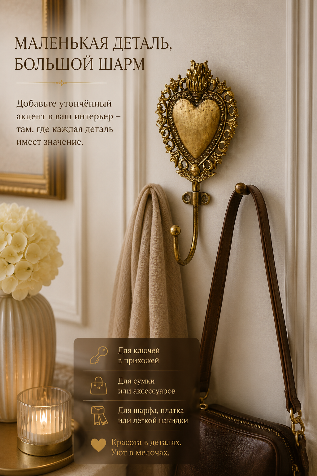 Крючок настенный Сердце металл золото Casaentera 7х4х15 см CE03-6Y5893